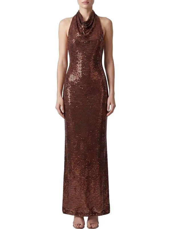 SELF-PORTRAIT Rhinestone Embellished Halterneck Maxi Gown - Brown