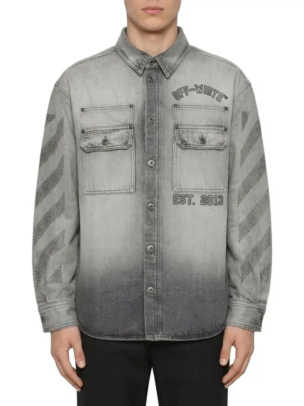 Off-White Cotton Denim Shirt With Logo Print - Grey