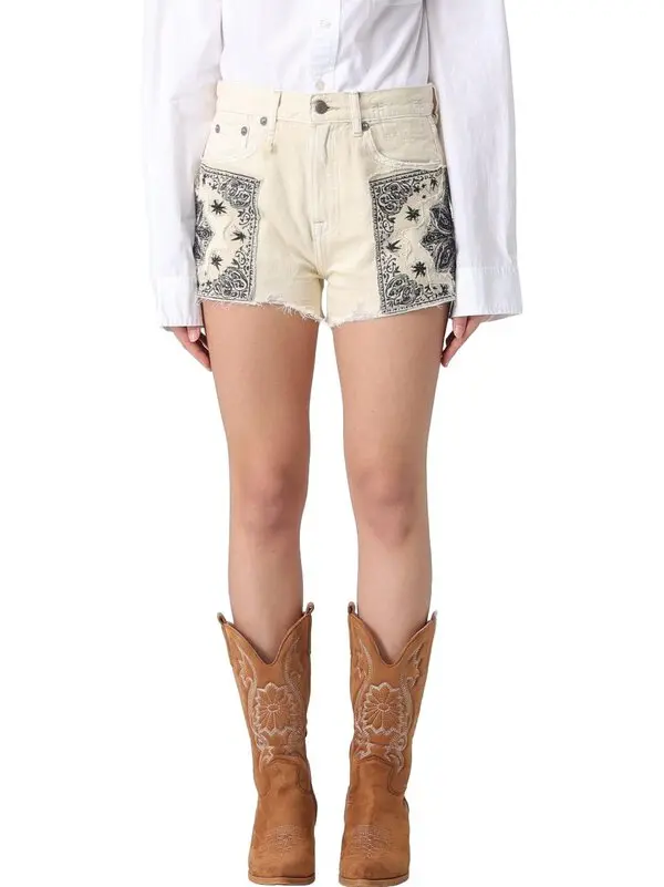 R13 Printed Cotton Denim Shorts - Beige