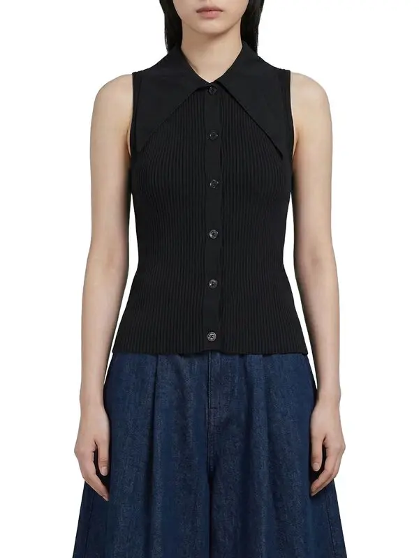Pinko Ribbed Knit Collared Top - Black