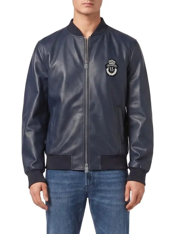 BILLIONAIRE Nappa Leather Bomber Jacket With Emblem - Blue