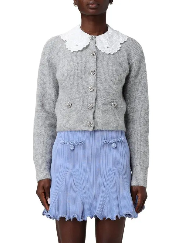 SELF-PORTRAIT Wool Blend Cardigan With Jewel Buttons - Grey
