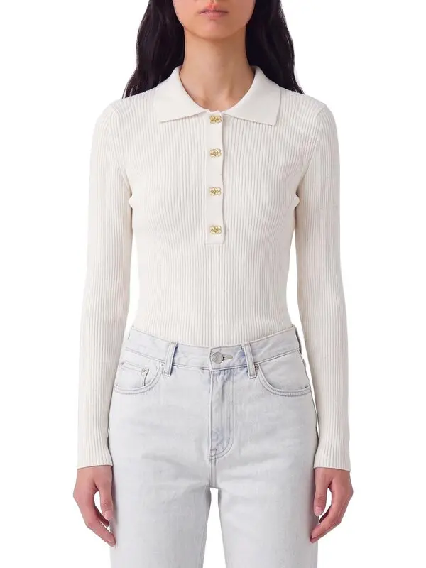 GANNI Ribbed Wool Knit Polo Shirt - Ivory