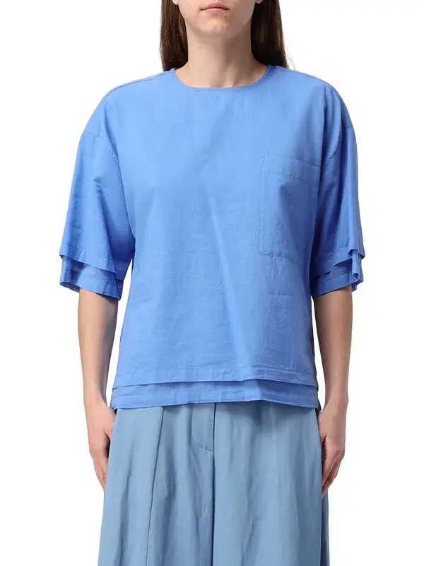 TELA Crewneck Short-sleeved Blouse With Dropped Shoulders And Patch Pocket - Gnawed Blue