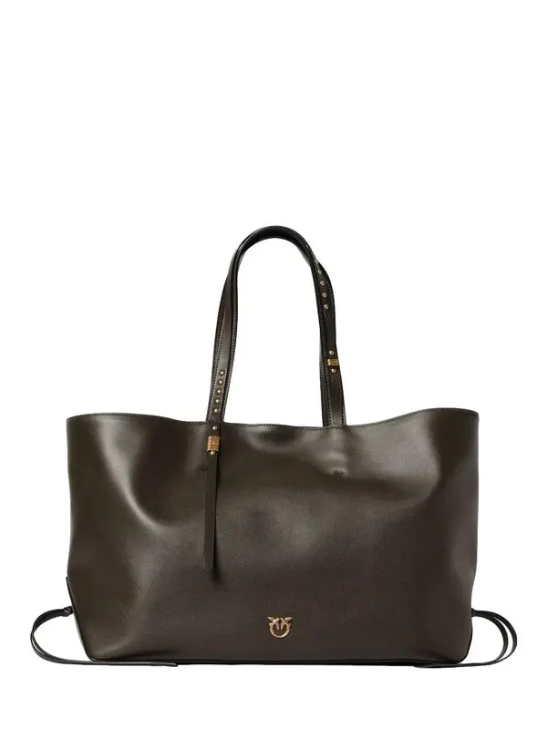 Pinko Leather Shopping Bag With Stud Embellishments - Mud