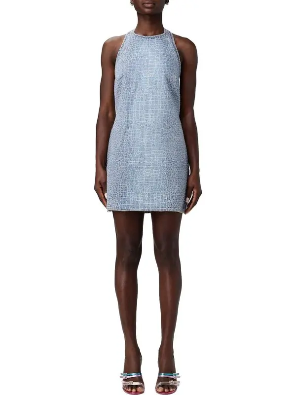 SELF-PORTRAIT Crocodile Print Denim Mini Dress With Rhinestone Embellishments - Blue