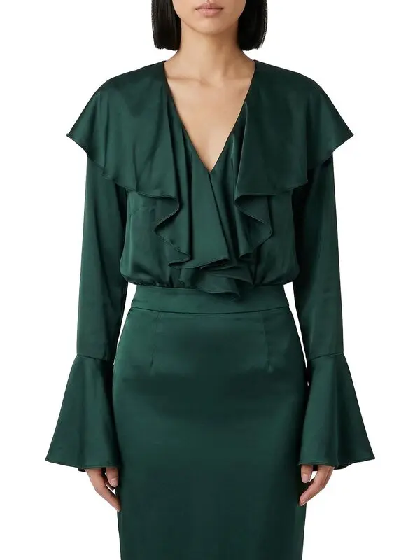 Norma Kamali Ruffled Satin Bodysuit Blouse - Emerald