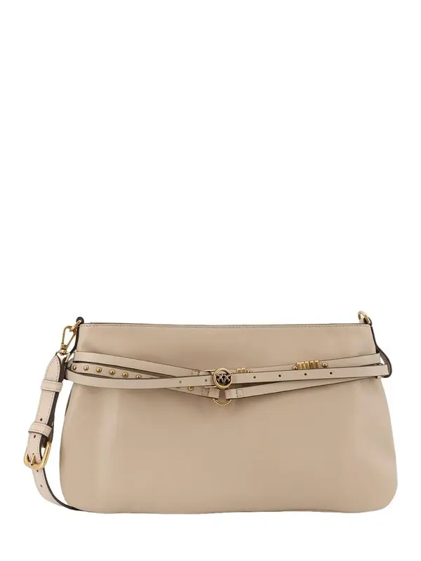 Pinko Leather Shoulder Bag With Stud Embellishments - Beige