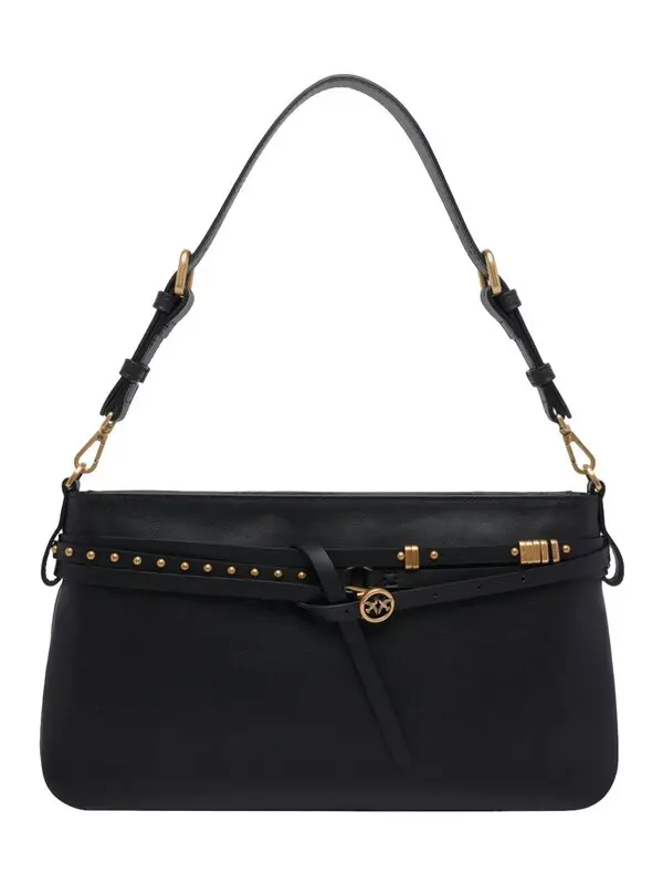 Pinko Leather Shoulder Bag With Stud Embellishments - Black