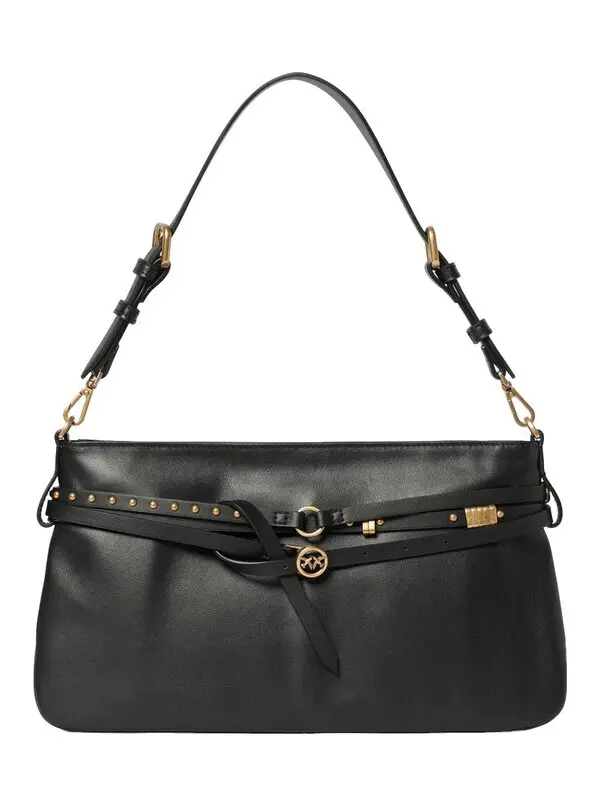 Pinko Leather Shoulder Bag With Stud Embellishments - Black