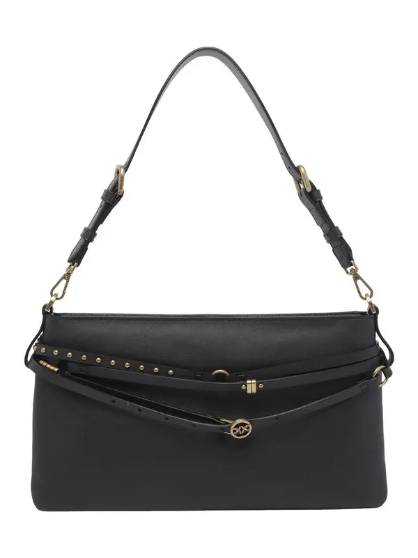 Pinko Embroidered Leather Shoulder Bag With Studs And Love Birds Logo - Brown