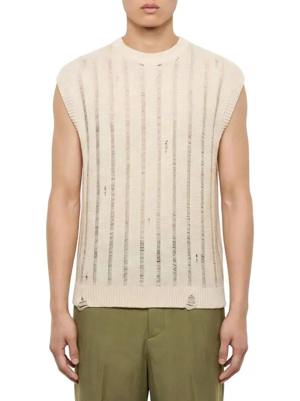 LANEUS Destroyed Effect Cotton Knit Vest - Beige