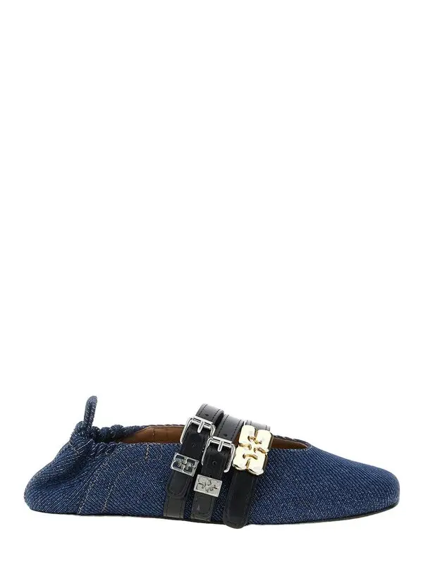 GANNI Sue Triple Ballerina Flats In Organic Cotton Denim - Blue