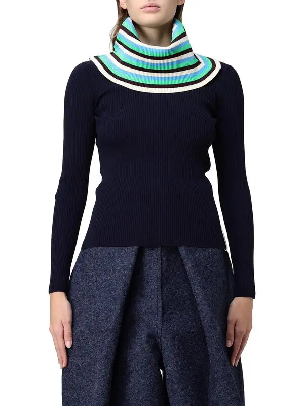 Sunnei Ribbed Knit Top With Striped Collar - Blue