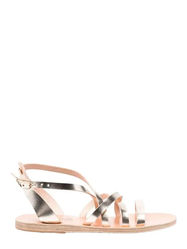 ANCIENT GREEK SANDALS Laminated Leather Flat Sandals With Ankle Strap - Silver