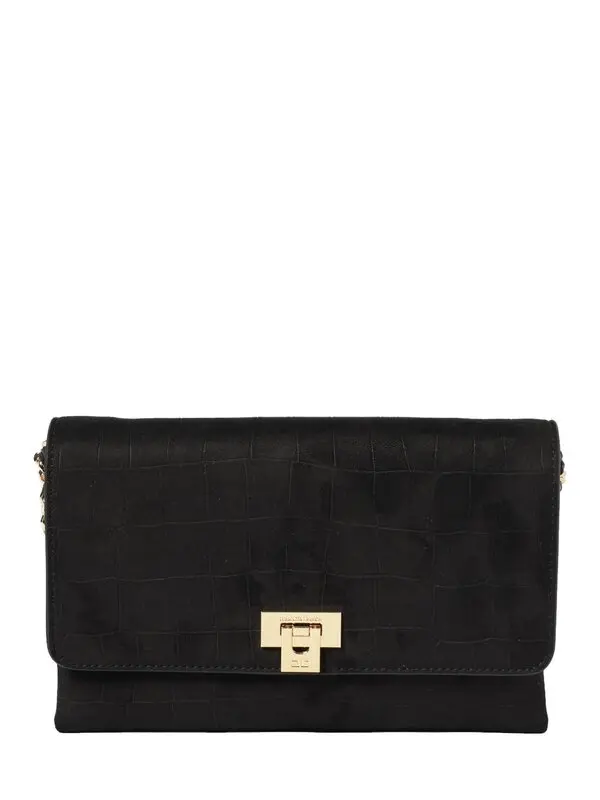 Elisabetta Franchi Suede Crocodile Print Bag - Black