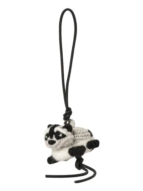 Loewe Raccoon Animal-shaped Keychain In Crochet Wool And Calfskin - Grey