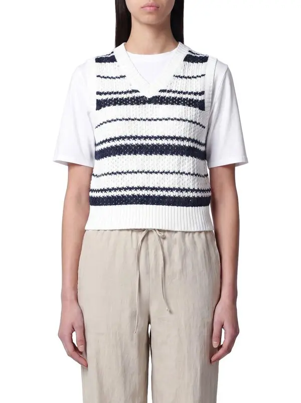 DUNST Striped Cotton Knit V-neck Vest - Navy