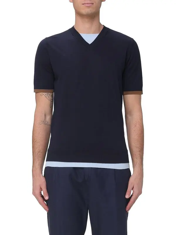 PAOLO PECORA Cotton Knit V-neck Short Sleeve Top - Blue