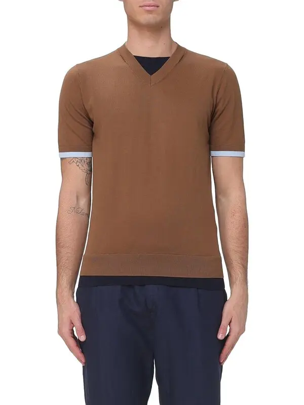 PAOLO PECORA Cotton Knit V-neck Short Sleeve Top - Brown