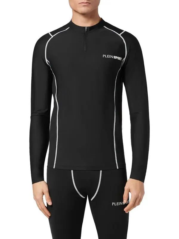 PLEIN SPORT Technical Stretch Fabric Half-zip Long Sleeve T-shirt - Black