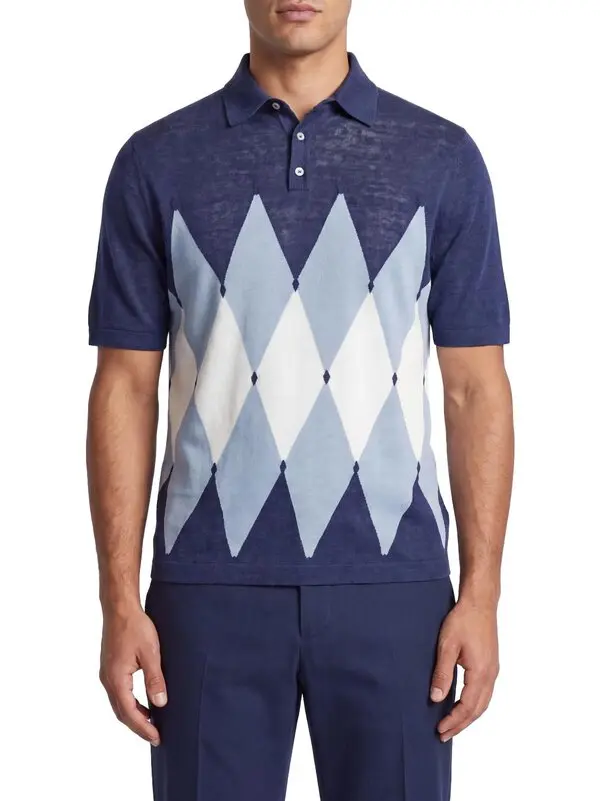 BALLANTYNE Diamond Pattern Cotton And Linen Polo Shirt - Blue