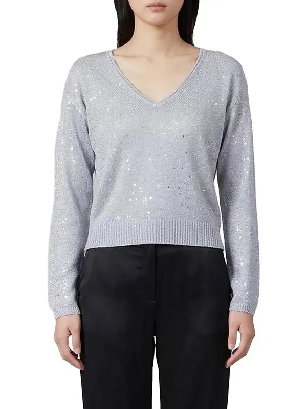 Patrizia Pepe Sequin Embellished V-neck Pullover - Silver