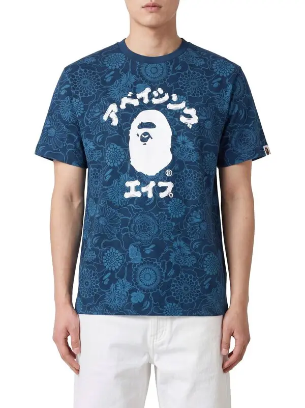 A BATHING APE Slim Fit Graphic Print Cotton T-shirt With Contrasting Logo - Indigo