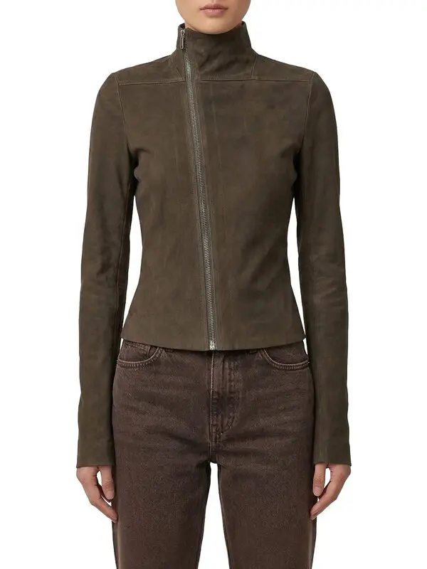 Rick Owens Slim Fit Leather Jacket With High Collar - Brown