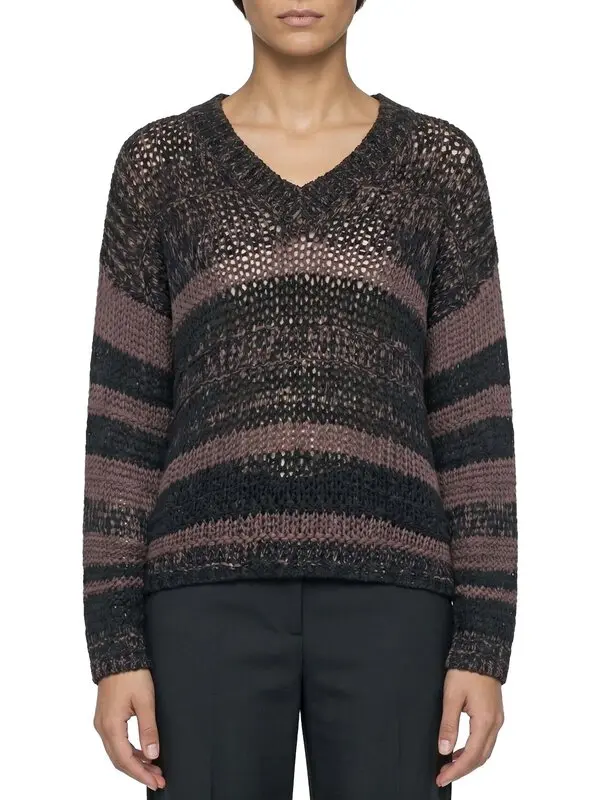 ROBERTO COLLINA Striped Cotton V-neck Sweater - Black