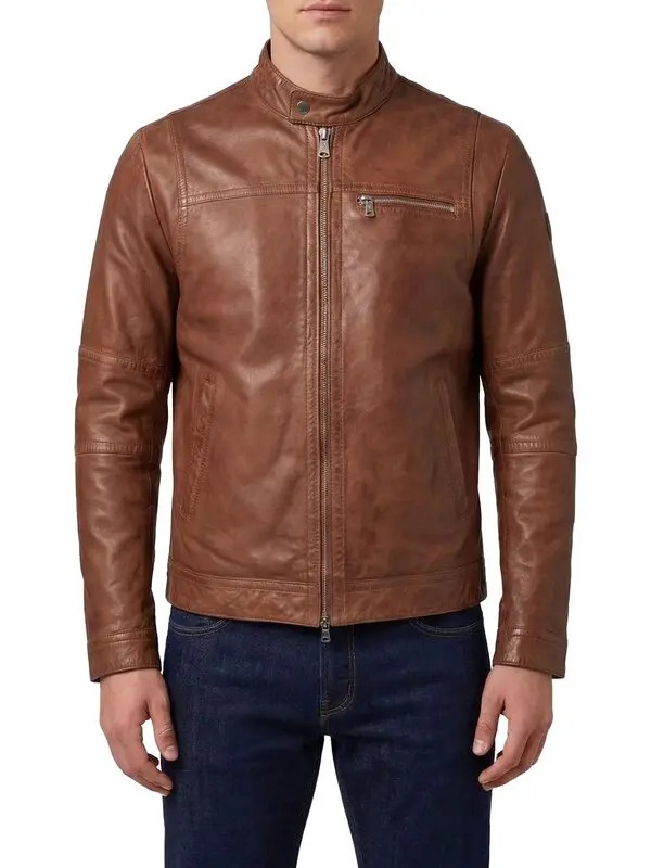 Peuterey Leather Biker Jacket With Stand Collar - Brown