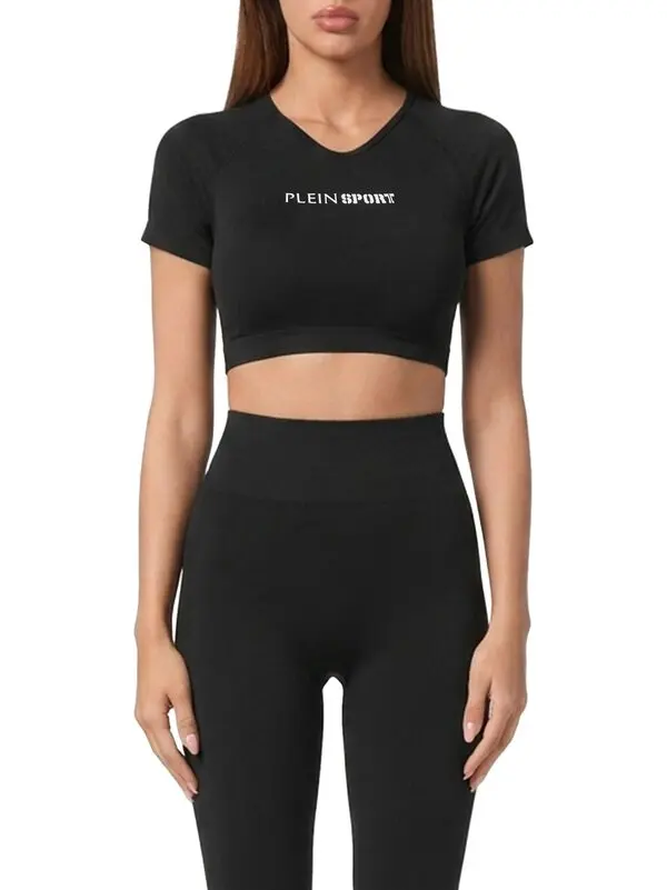 PLEIN SPORT Cropped Technical Stretch V-neck Top - Black