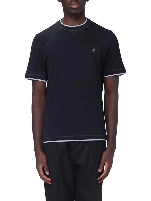 Brunello Cucinelli Slim Fit Cotton T-shirt With Contrast Logo And Trims - Black