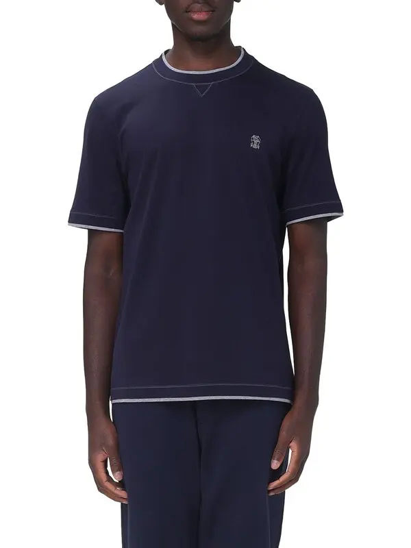 Brunello Cucinelli Slim Fit Cotton T-shirt With Contrast Logo And Trims - Navy