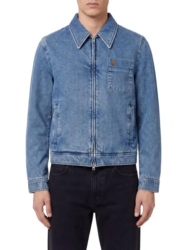 AMI Paris Cotton Denim Zip-up Jacket With Embroidered Logo - Blue
