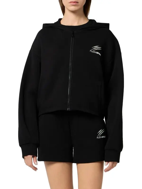 PLEIN SPORT Cotton Blend Zip-up Hoodie With Logo Detail - Black
