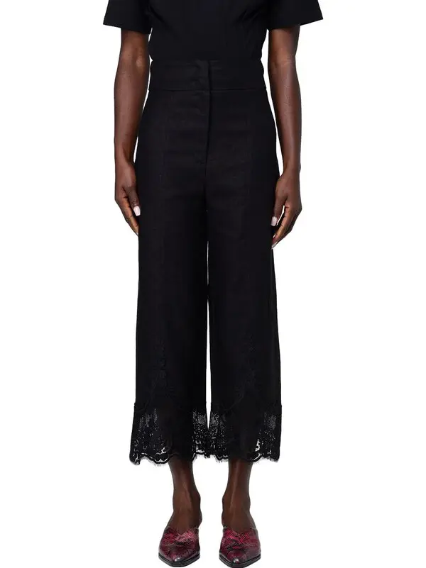 TWINSET Cropped Linen Trousers With Lace Inserts - Black