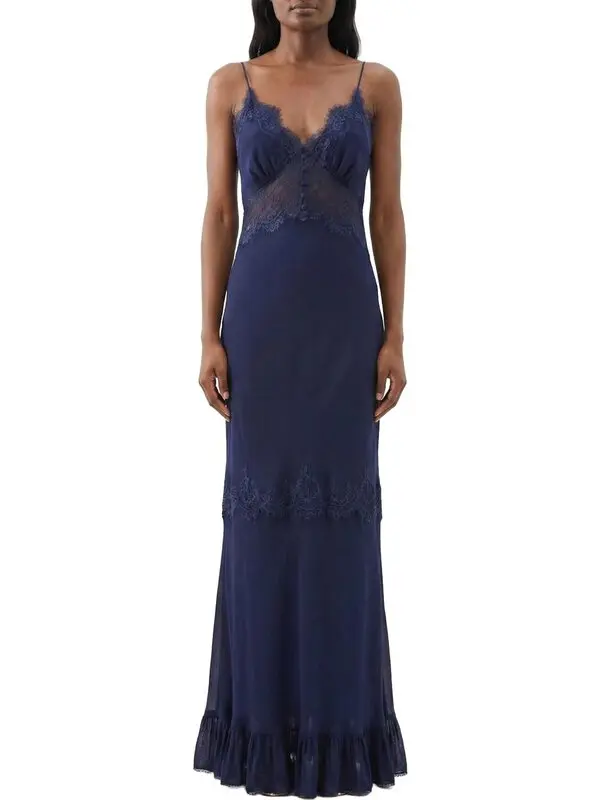 SELF-PORTRAIT Long Georgette And Lace Slip Dress - Blue