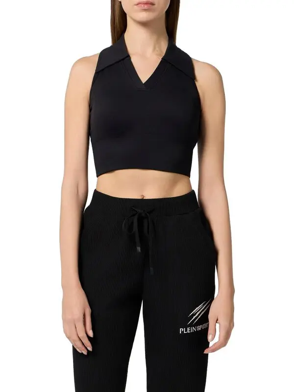 PLEIN SPORT Cropped Top With Classic Collar - Black