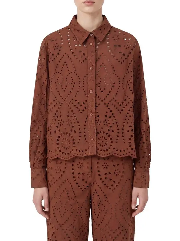 MC2 SAINT BARTH Long Sleeve Broderie Anglaise Cotton Shirt - Brown