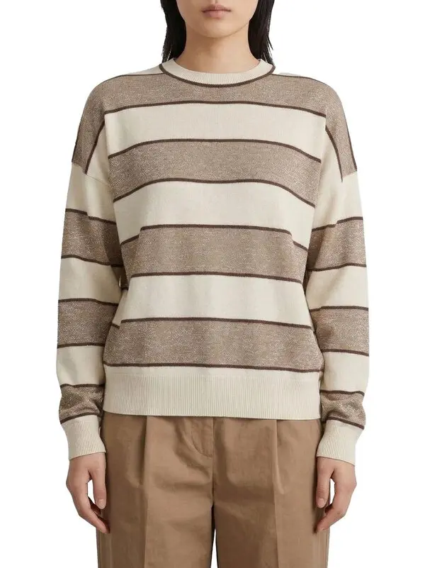 Brunello Cucinelli Striped Virgin Wool And Cashmere Crew Neck Sweater - Brown
