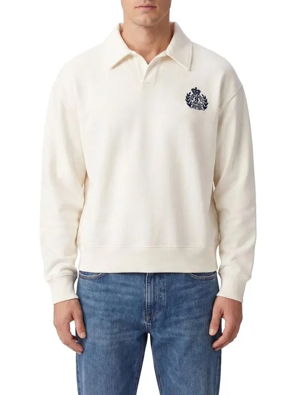 SPORTY & RICH Long-sleeved Cotton Polo With Shield Logo And Dropped Shoulders - White