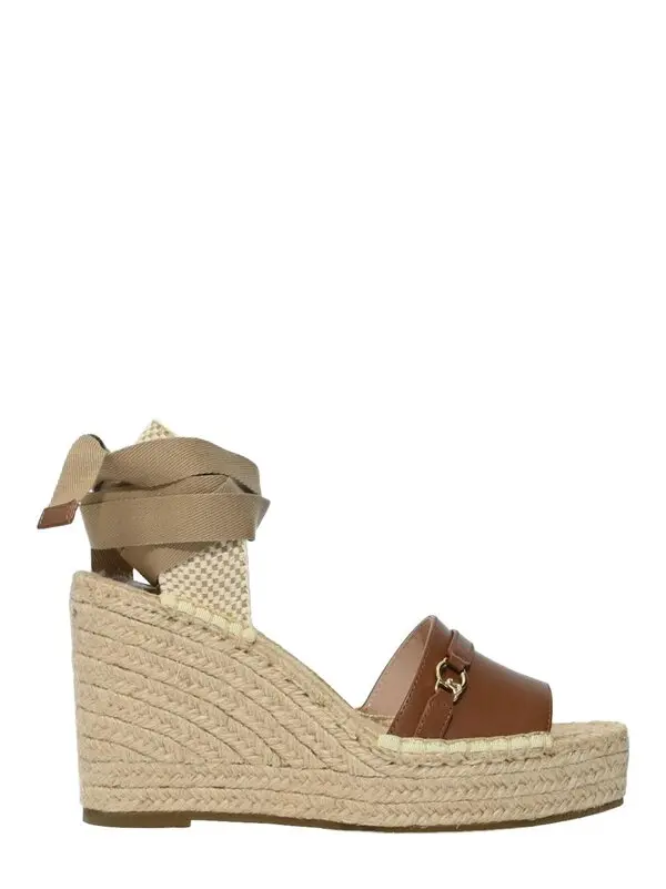 COCCINELLE Leather And Jute Wedge Espadrilles With Ribbon Fastening - Brown