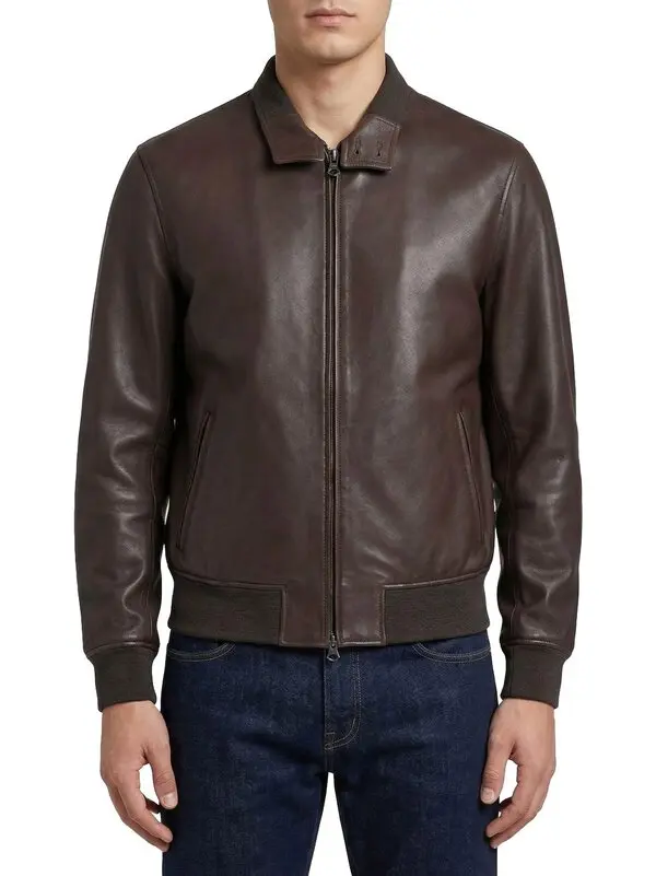 STEWART Leather Bomber Jacket - Brown
