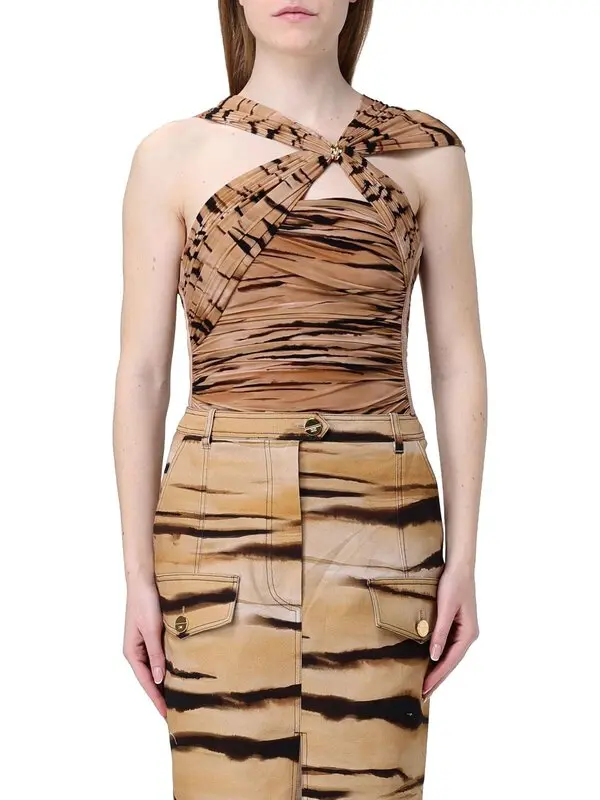 Elisabetta Franchi Animal Print Jersey Bodysuit Top - Camel