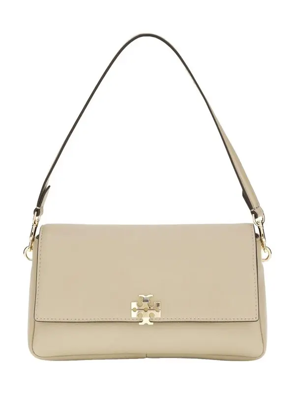 Tory Burch Charlie Leather Shoulder Bag With Double T Logo And Removable Strap - Grey