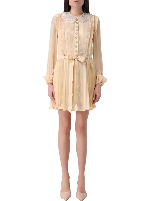 SELF-PORTRAIT Embellished Collared Pleated Dress - Beige