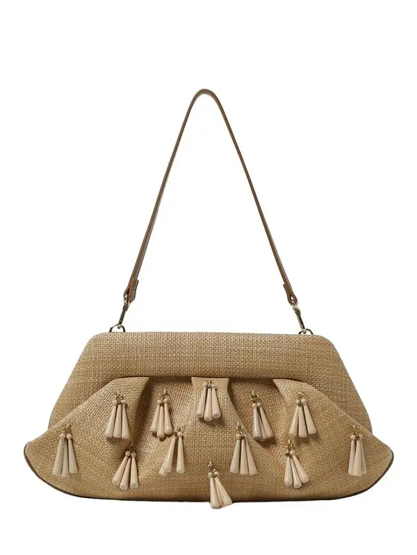 THEMOIRE Raffia Shoulder Bag With Tassels - Beige