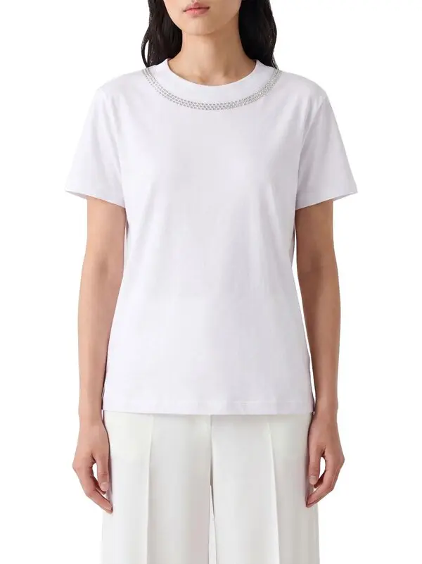 Patrizia Pepe Crew-neck Cotton T-shirt With Rhinestone Embroidery - White
