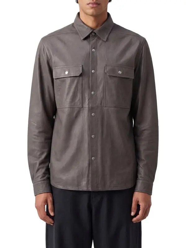 Rick Owens Calfskin Leather Shirt Jacket With Patch Pockets - Grey